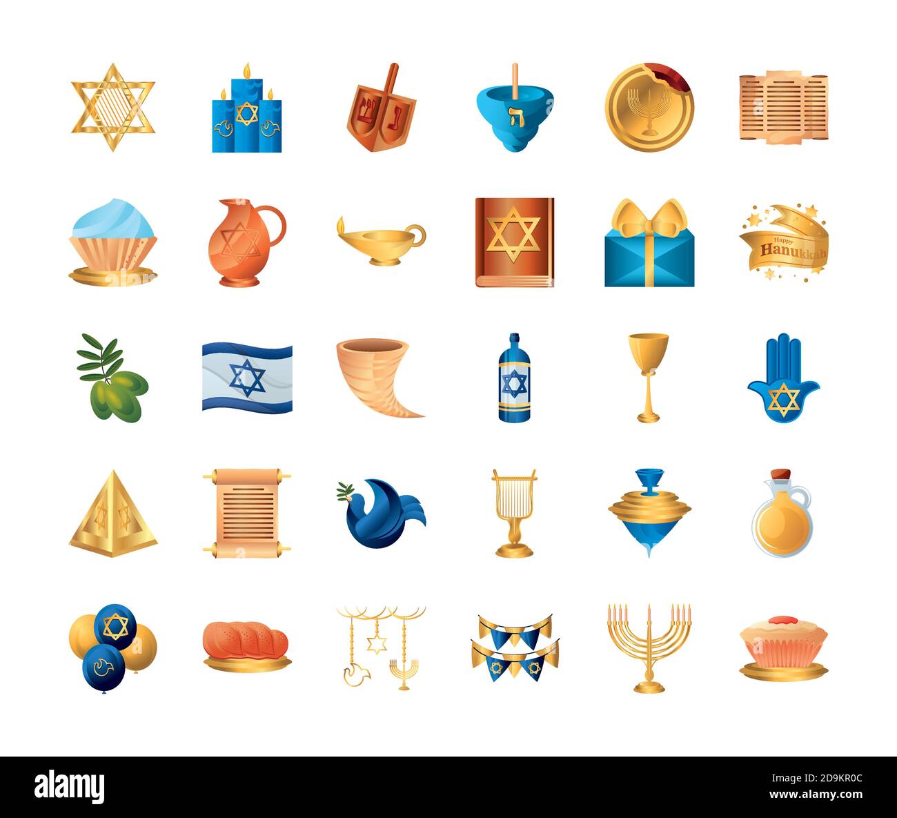 hanukkah, set icons celebration judaism event, flat style vector ...