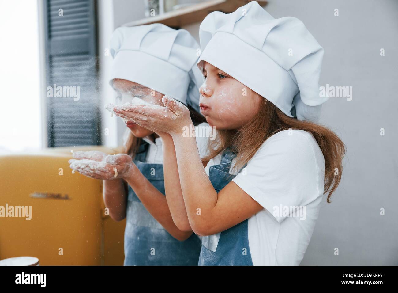 Two little girls in blue chef uniform blows the flour out of hands on ...