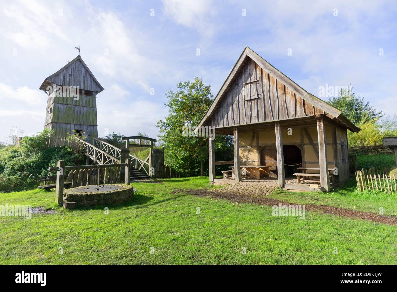 Reconstruction of a medieval castle with a moat hi-res stock ...
