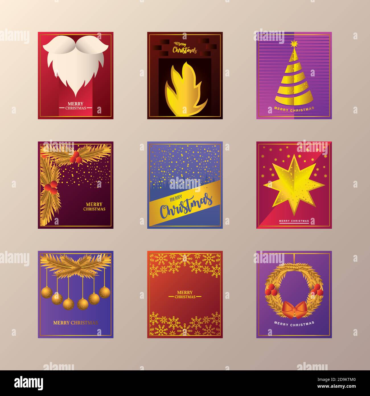 merry christmas, collection cards with flame beard star and balls ...