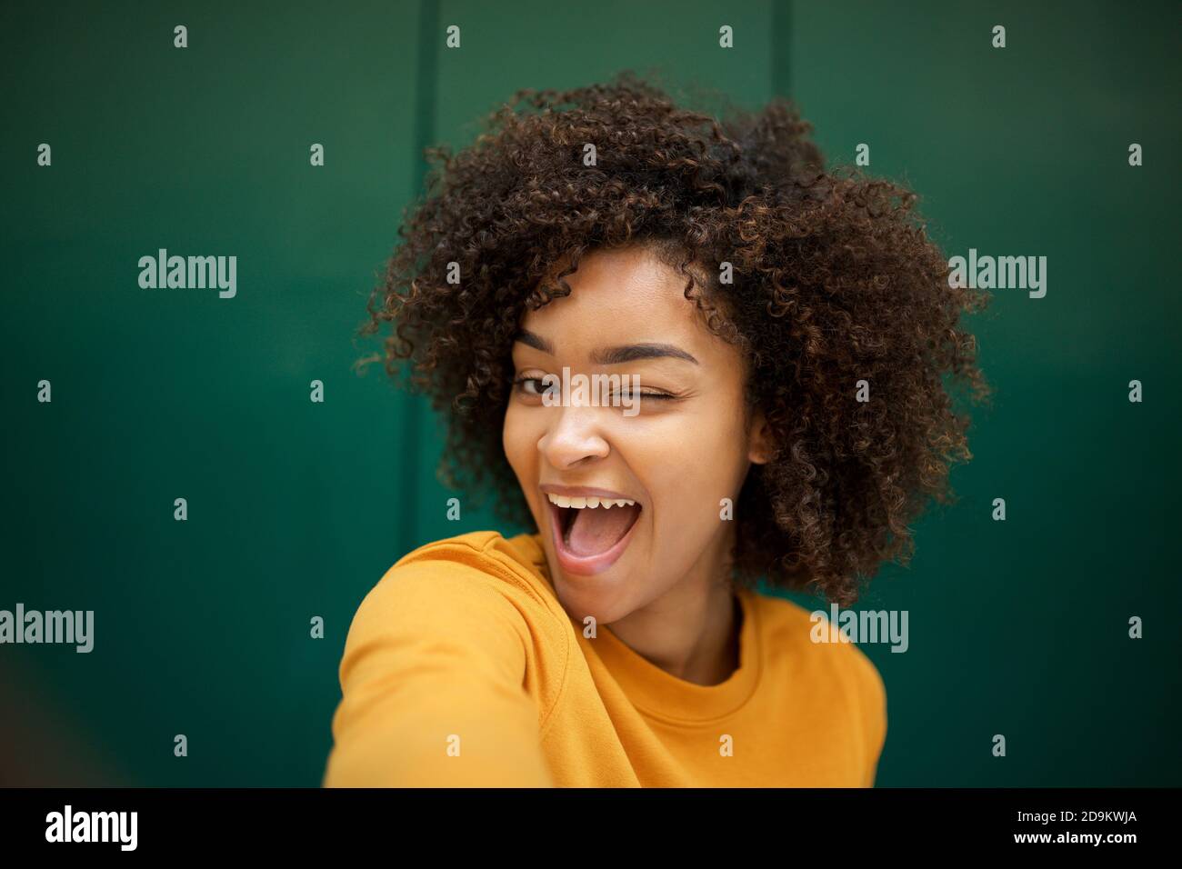 Close Up Portrait Smiling Young African American Woman Taking Selfie