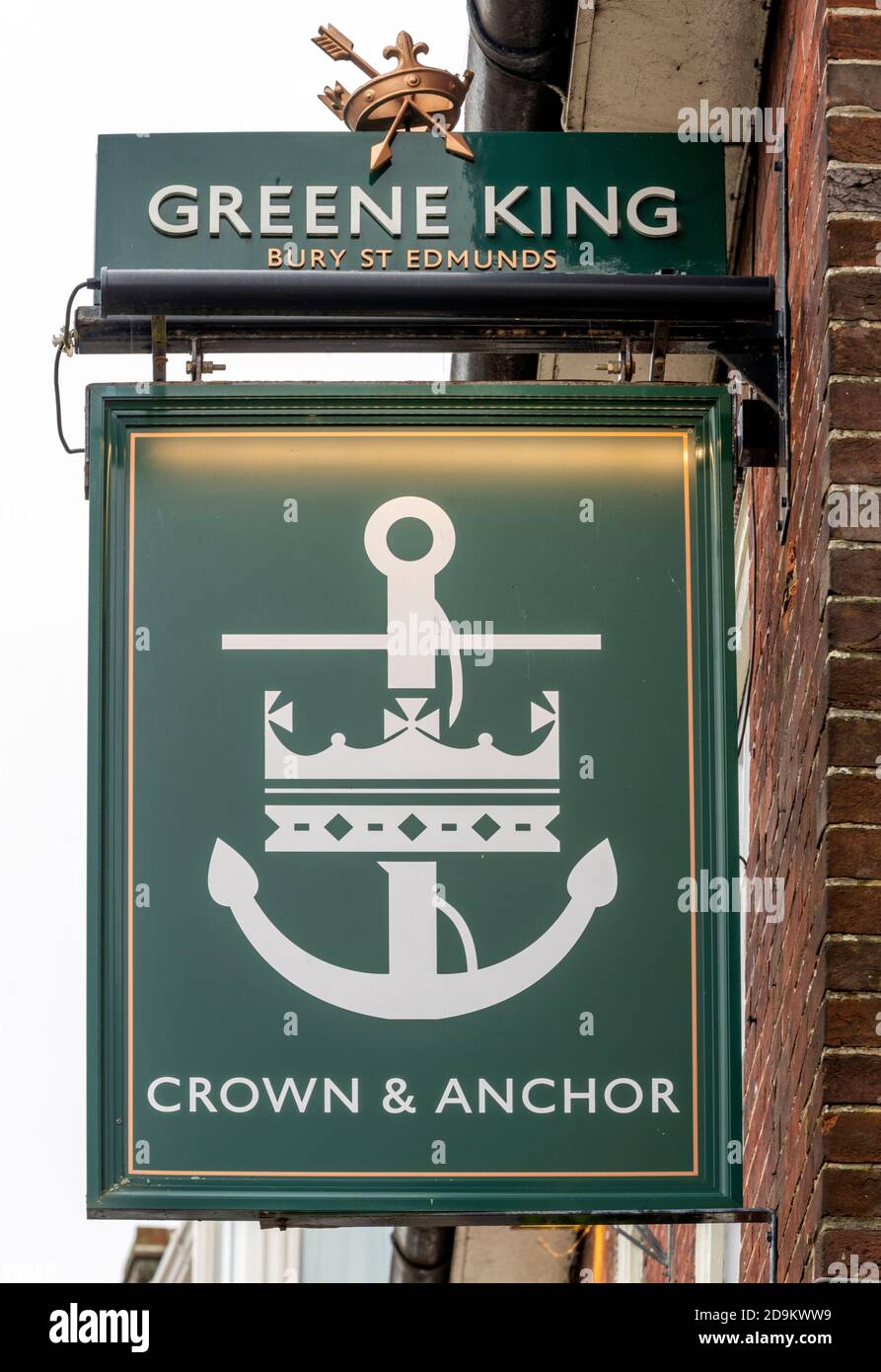 Traditional hanging pub sign at Crown and Anchor public house ...