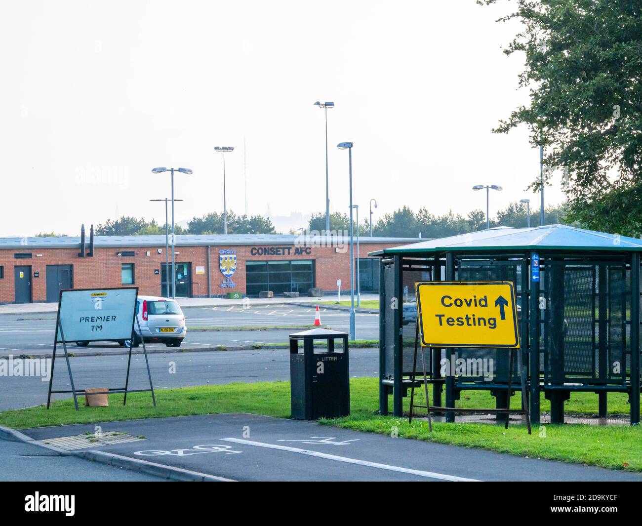 Signs at a COVID-19 testing centre set up in the car park of Consett ...