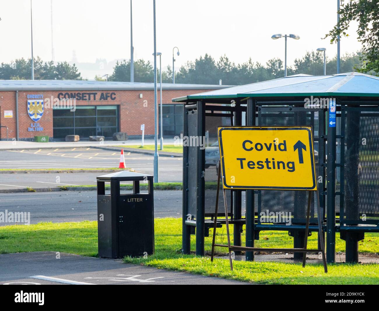Signs at a COVID-19 testing centre set up in the car park of Consett ...