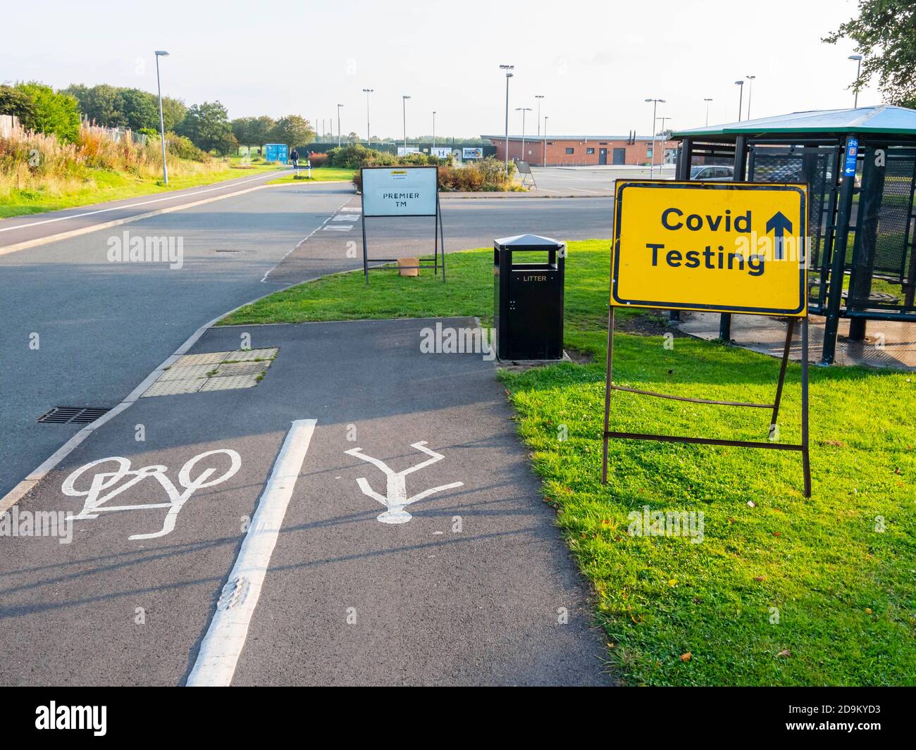 Signs at a COVID-19 testing centre set up in the car park of Consett ...
