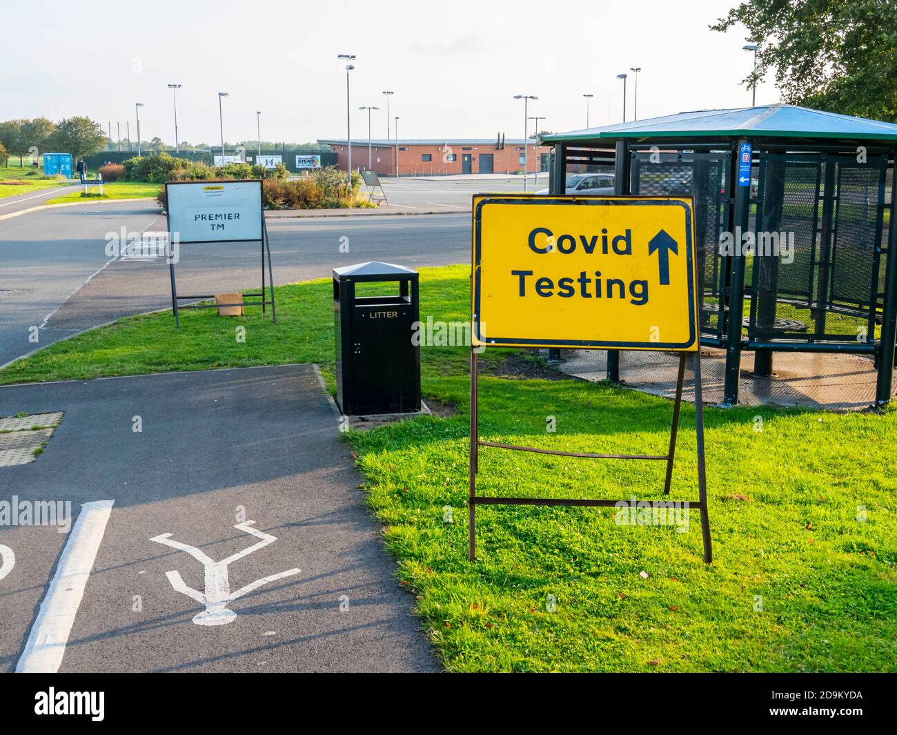Signs at a COVID-19 testing centre set up in the car park of Consett ...