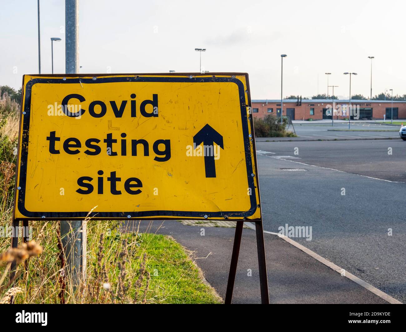Signs at a COVID-19 testing centre set up in the car park of Consett ...