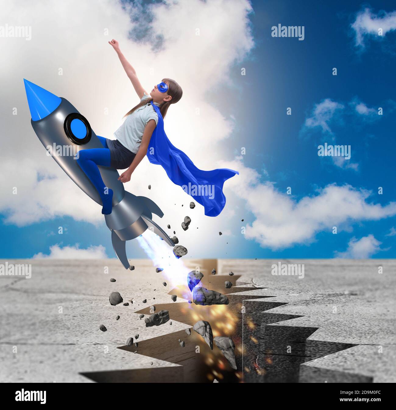 Superhero kid flying on rocket Stock Photo - Alamy