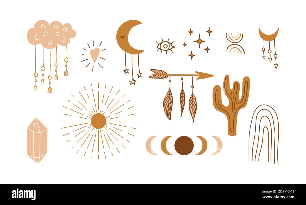 Hand drawn boho objects. Esoteric symbols isolated on white background ...