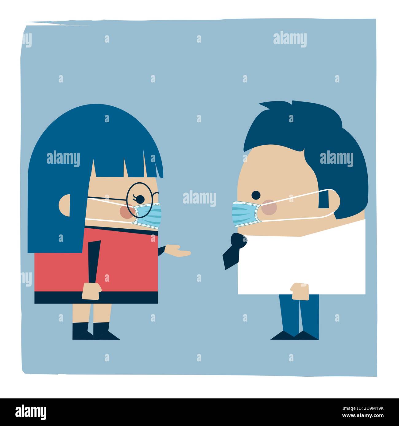 Illustration of a businesswoman and businessman wearing masks at work ...