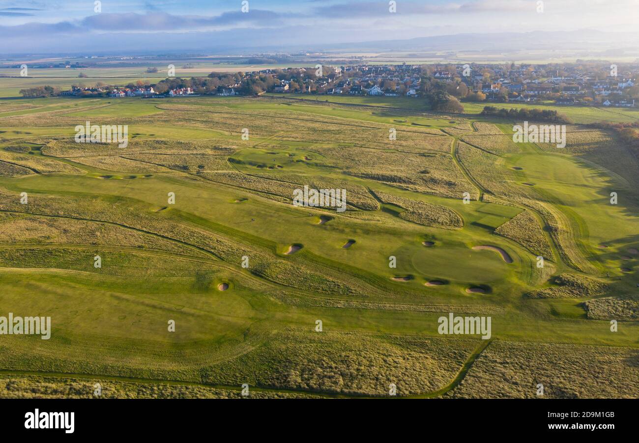 Aerial view of late winter light over Muirfield Golf course in Gullane ...
