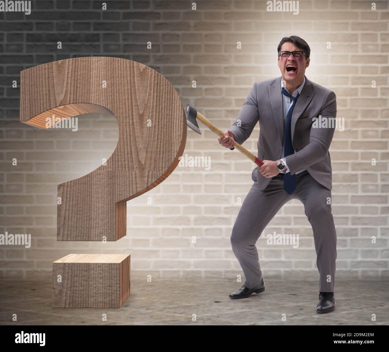 The angry man with axe axing the question mark Stock Photo - Alamy