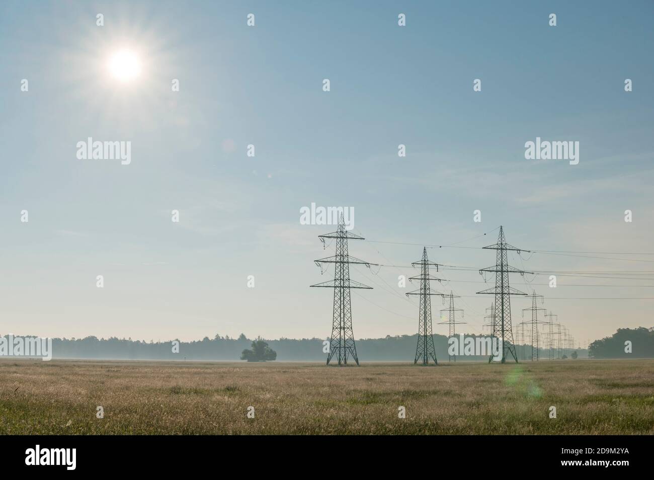 Landscape, overhead line pylons, high-voltage pylons, meadow, sunshine ...