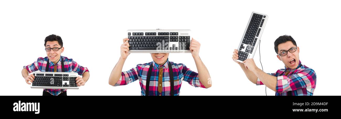 The computer nerd with keyboard isolated on white Stock Photo - Alamy