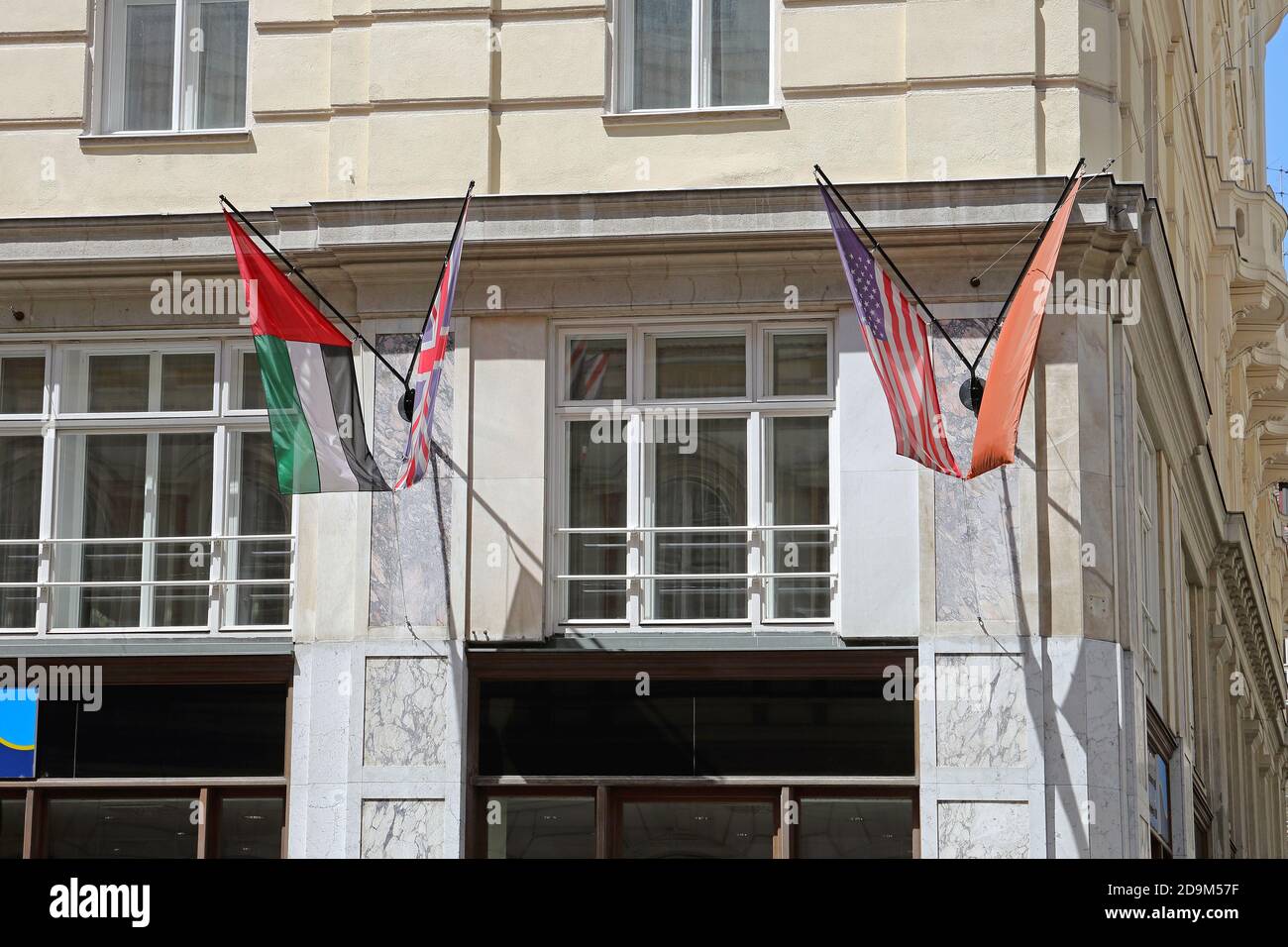 United States Union Jack Emirates Flags Together at Building Stock ...