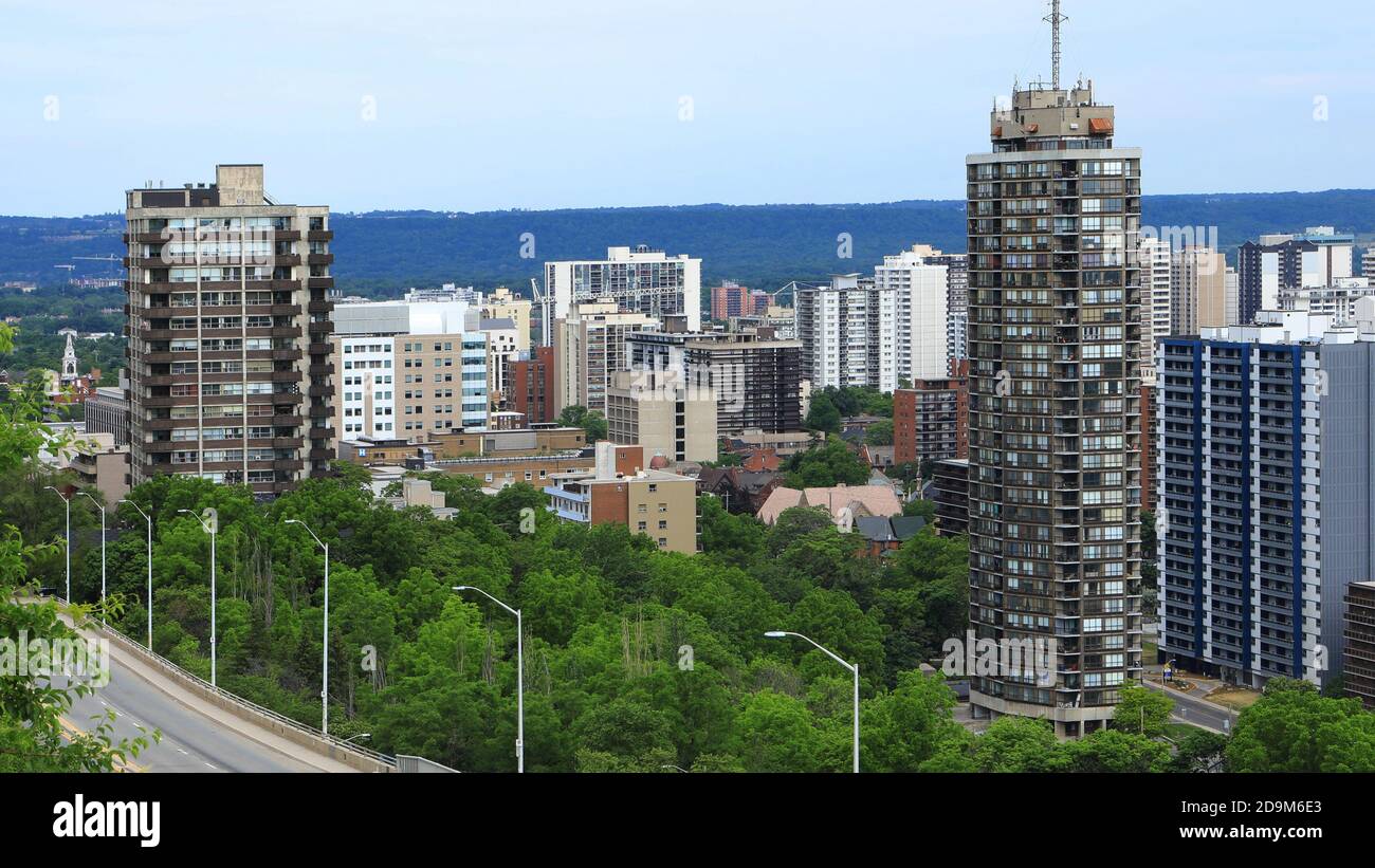 The Hamilton, Ontario skyline with roadway in foreground Stock Photo ...
