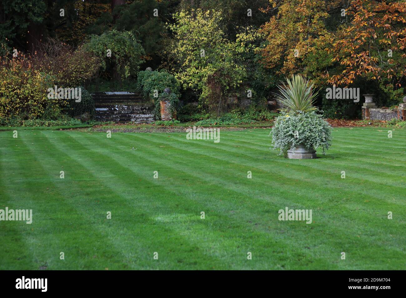 Formal garden with mown lawn and planter with copy space Stock Photo ...