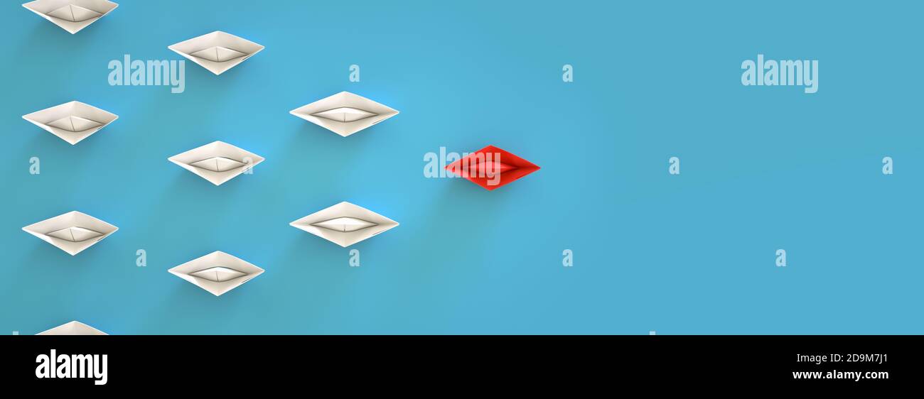 paper boat leadership concept - red paper boat leading the row Stock ...