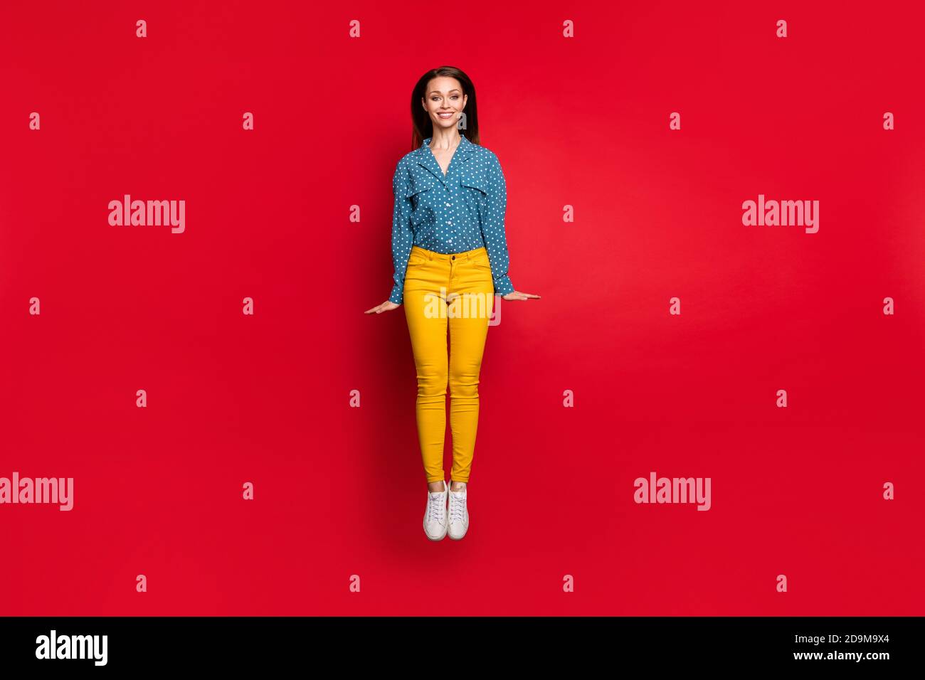 Full length body size view of pretty shy feminine thin cheerful girl ...