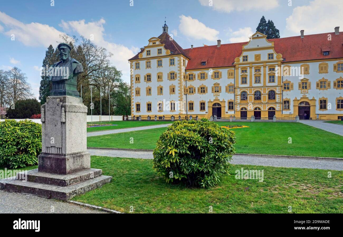 Salem Castle with statue of Prince Wilhelm von Baden, Lake Constance ...