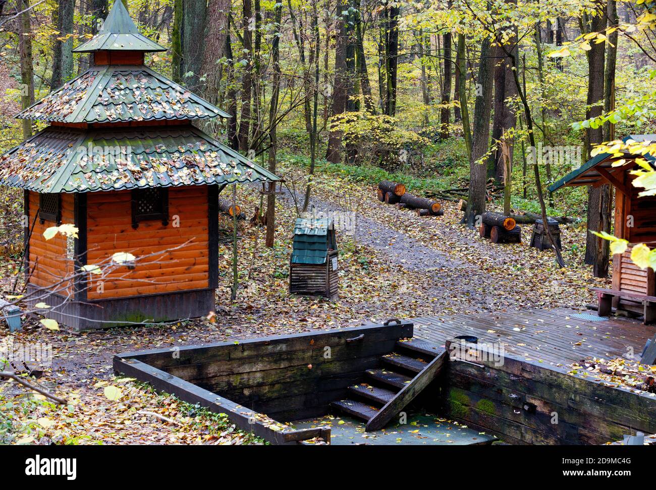 An old wooden Christian baptismal font with spring water hidden in the ...