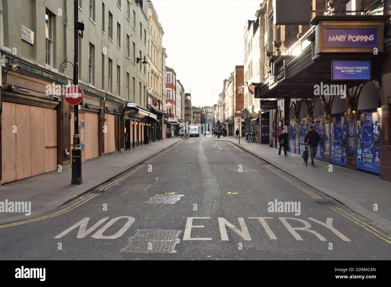 Closed and boarded up restaurants and bars on an empty Old Compton ...
