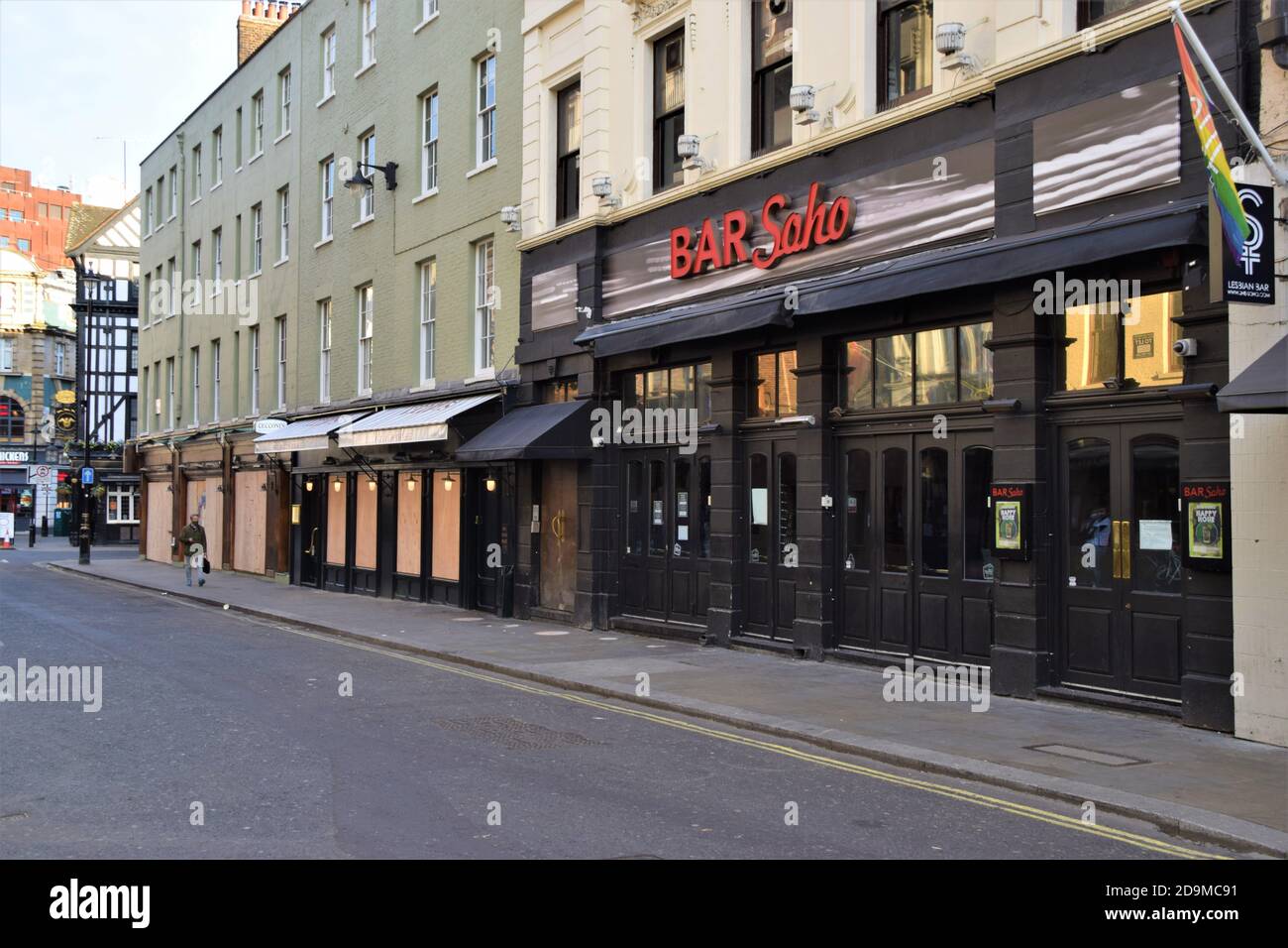 Closed and boarded up restaurants and bars on an empty Old Compton ...