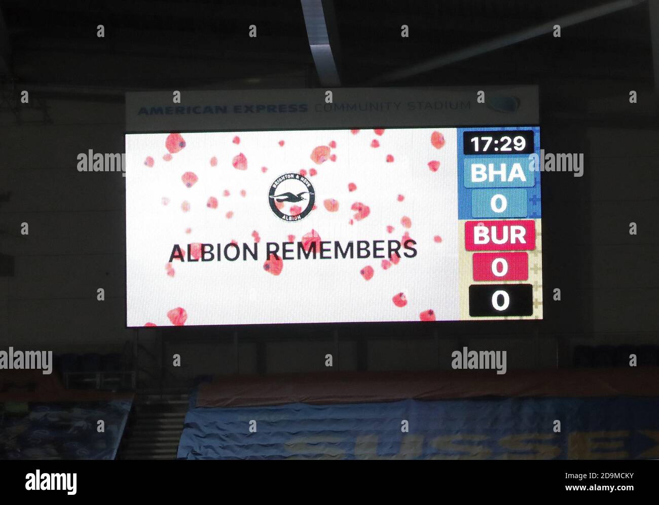 The scoreboard reads Albion Remembers to mark Remembrance Sunday before ...