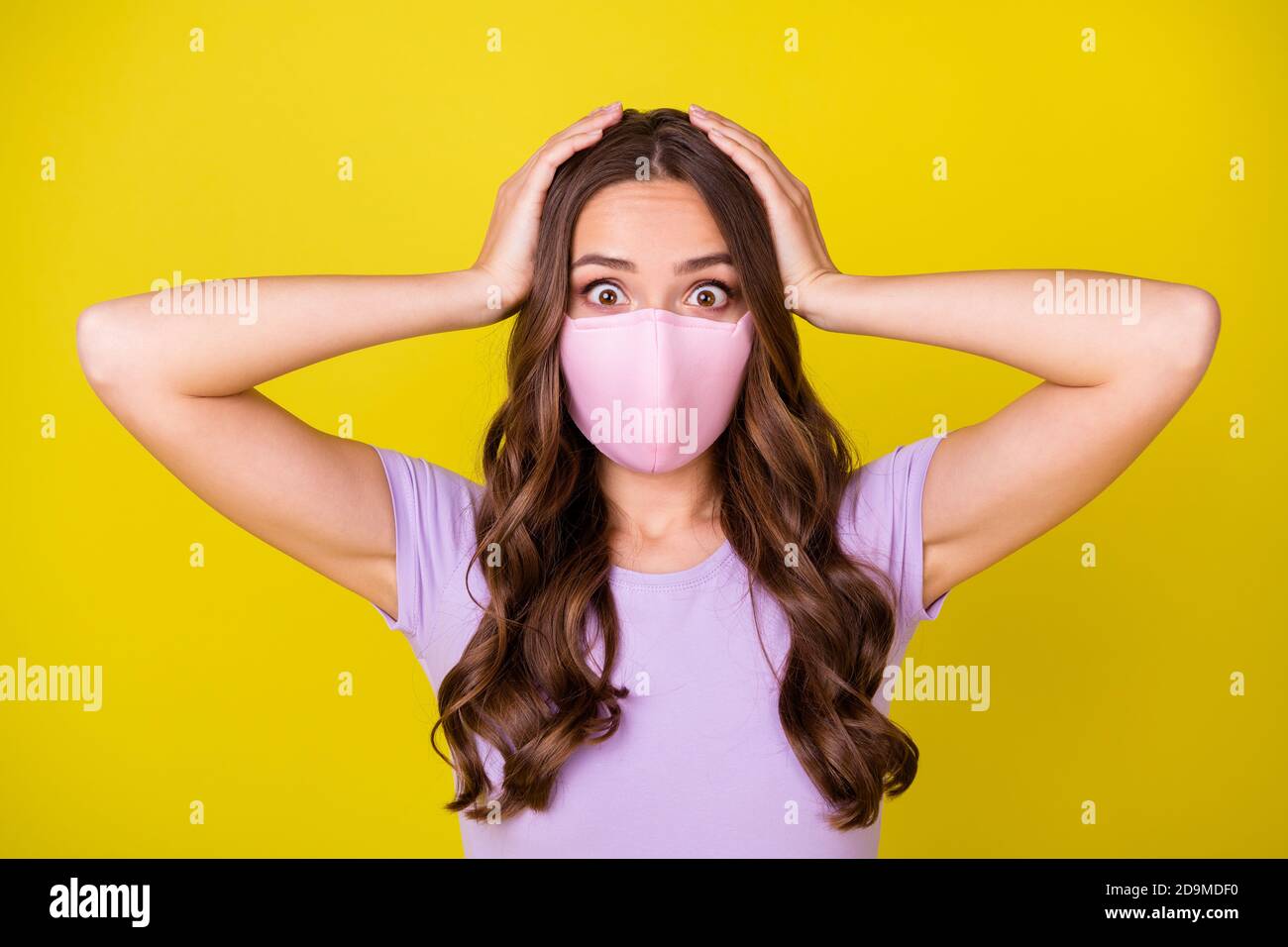Close-up portrait of attractive scared worried wavy-haired girl wearing ...