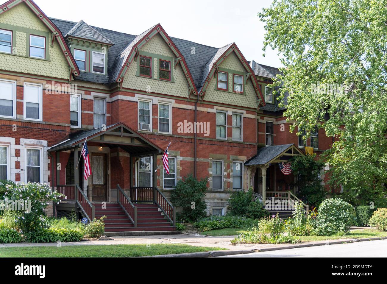 red brick row houses built by George Pullman in 1880 to house the ...