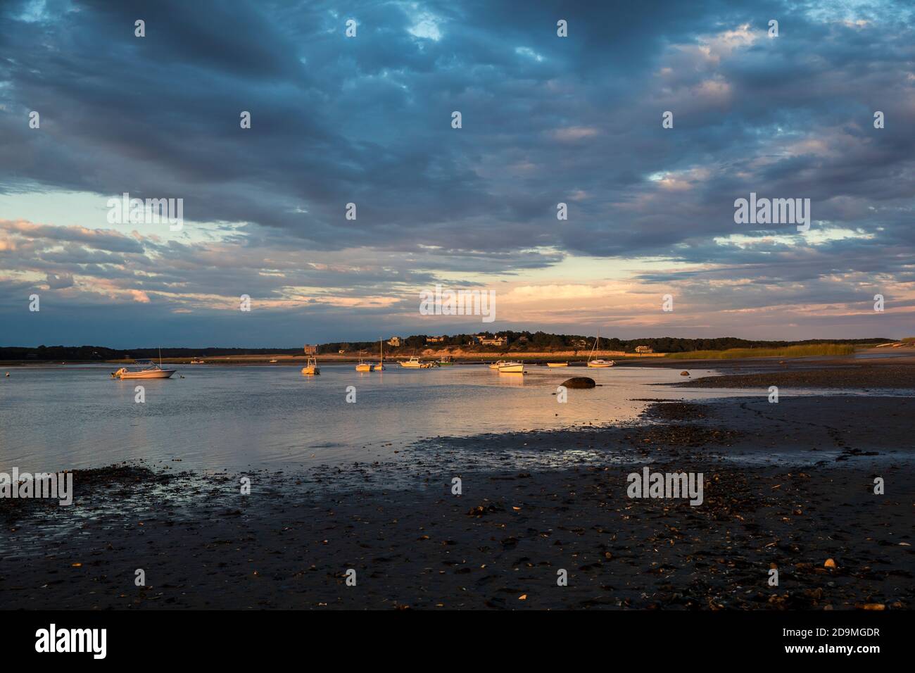 Bay and boats at Lieutenant Island on Cape Cod at sunset Stock Photo ...