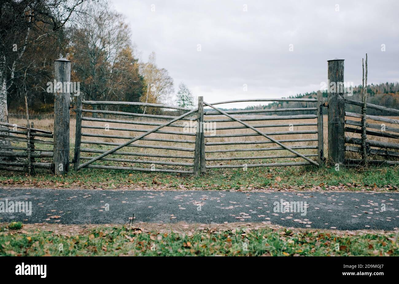 handmade wooden gate over looking a field and the sea in Sweden Stock ...