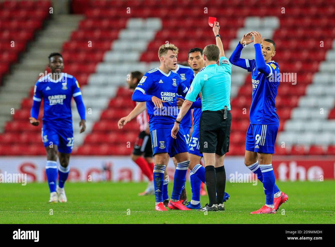 RED CARD Andre Dozzell (23) of Ipswich Town is shown a straight red ...