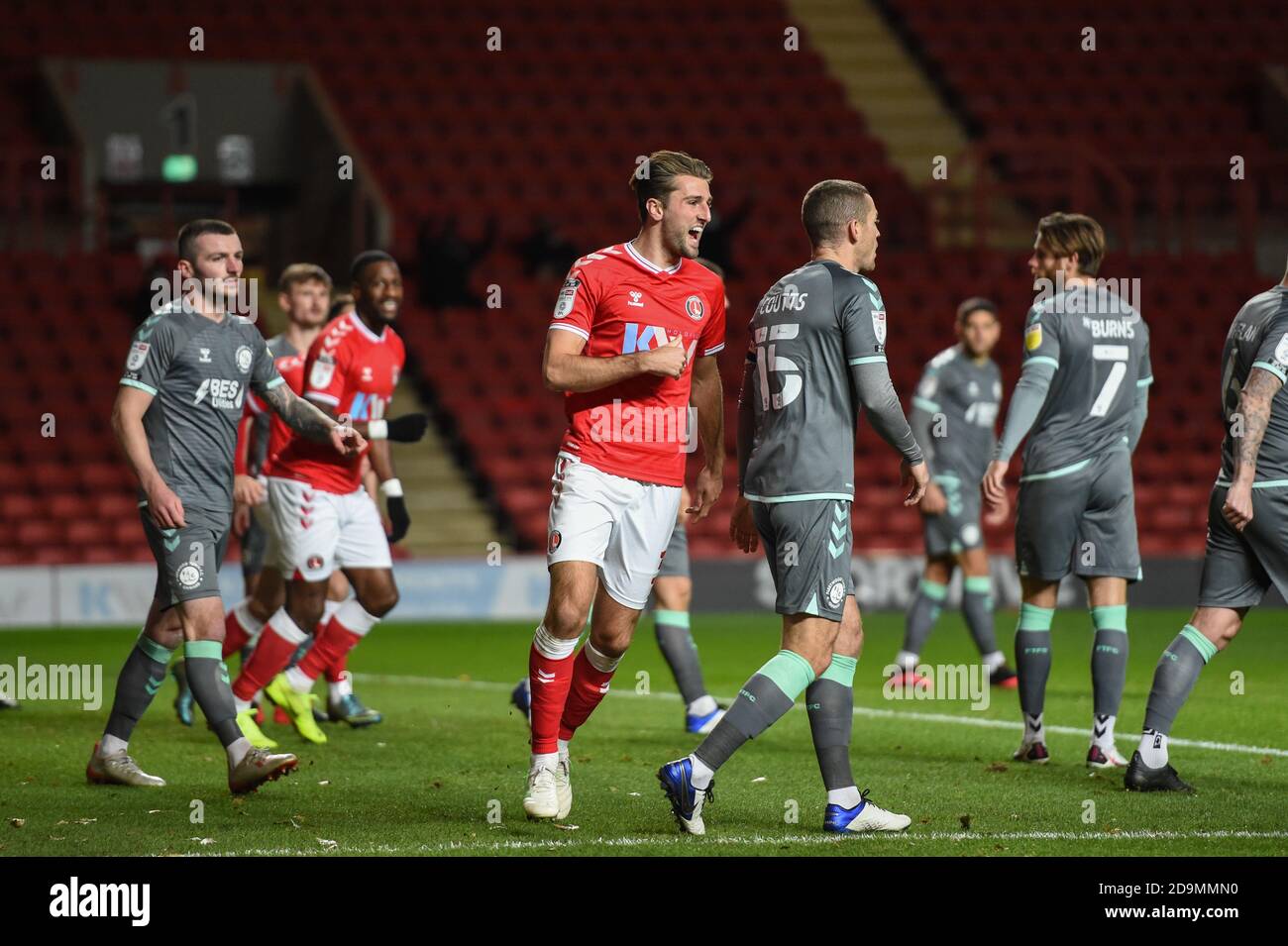 Ben Purrington (3) of Charlton Athletic celebrates his goal to make it ...