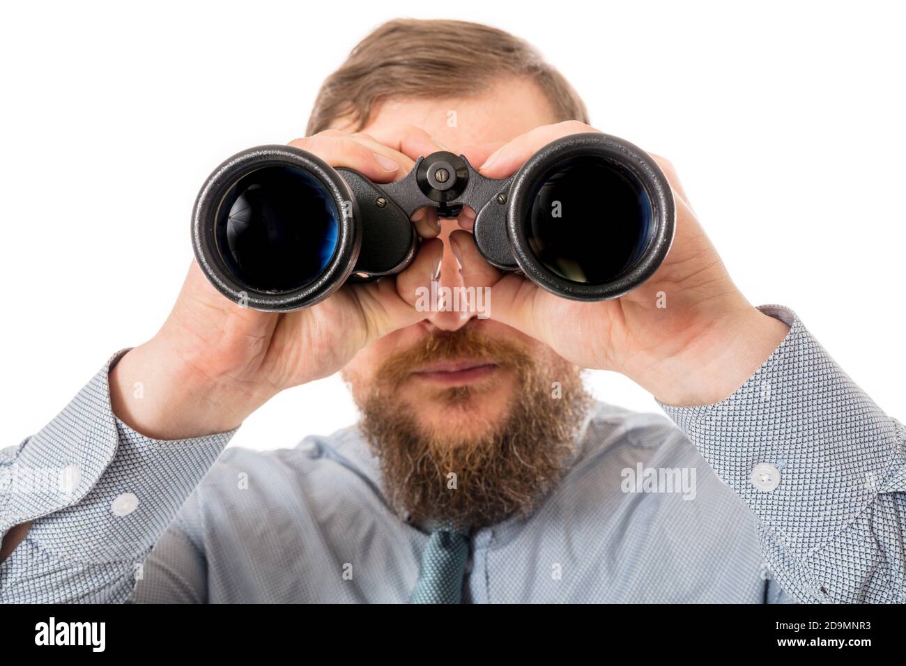 Soilid bearded man in shirt with binoculars studio portrait on white ...