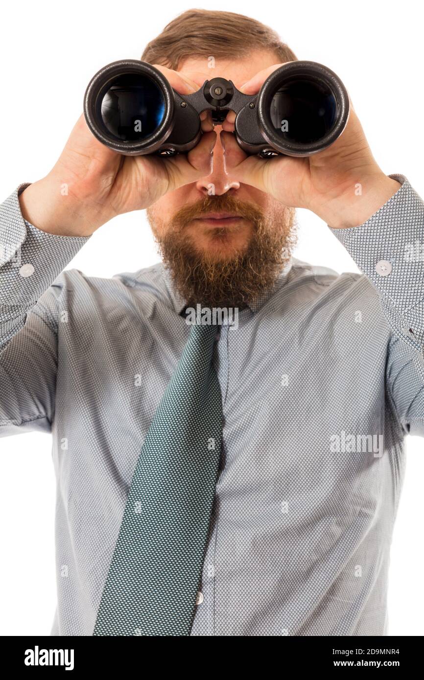 Soilid bearded man in shirt with binoculars studio portrait on white ...
