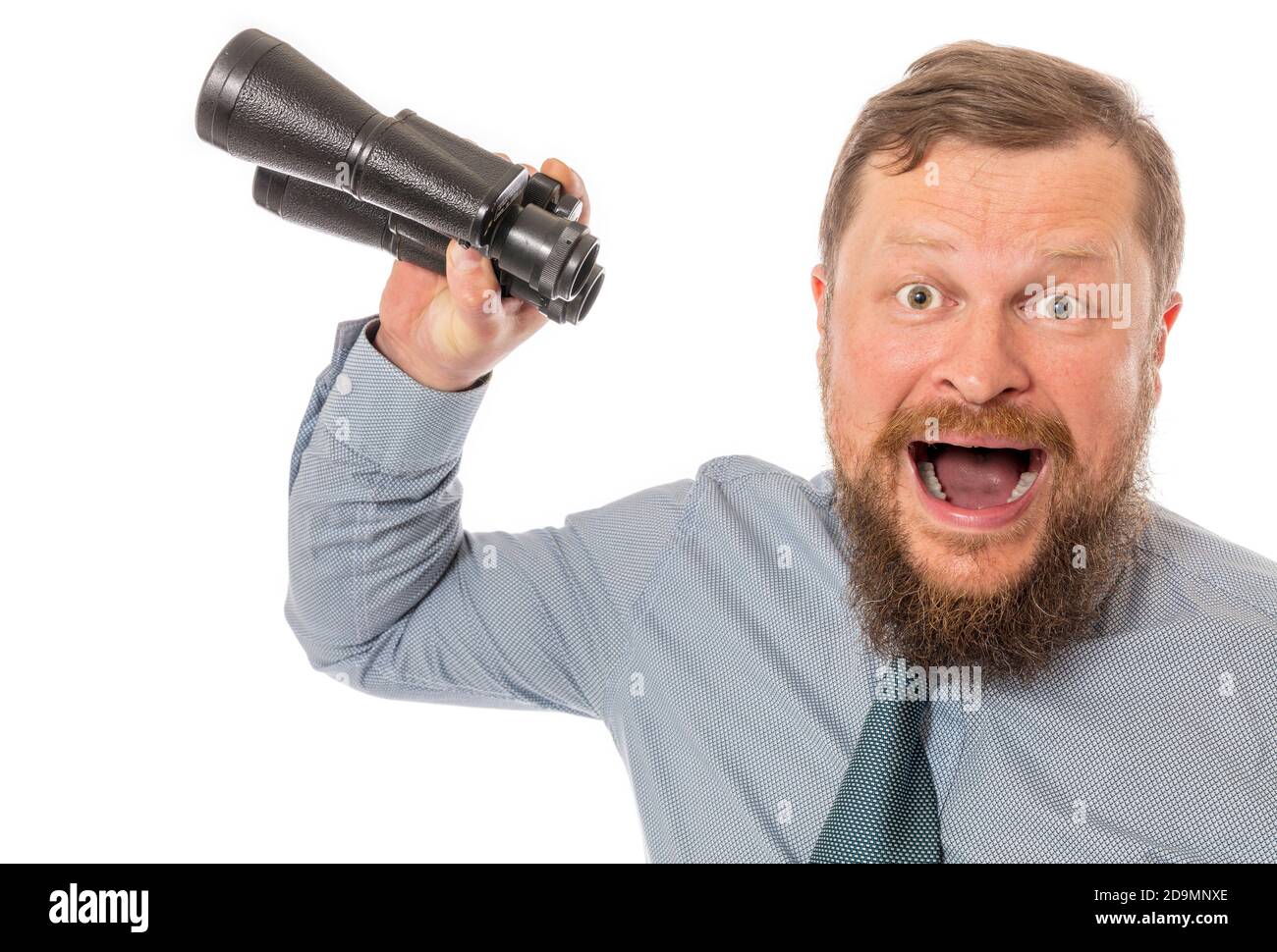 Soilid bearded man in shirt with binoculars studio portrait on white ...