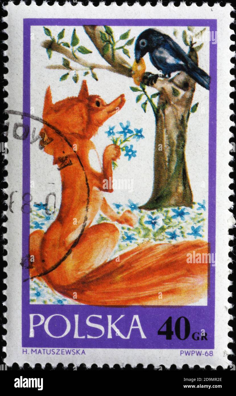 Fable the fox and the crow on postage stamp Stock Photo - Alamy
