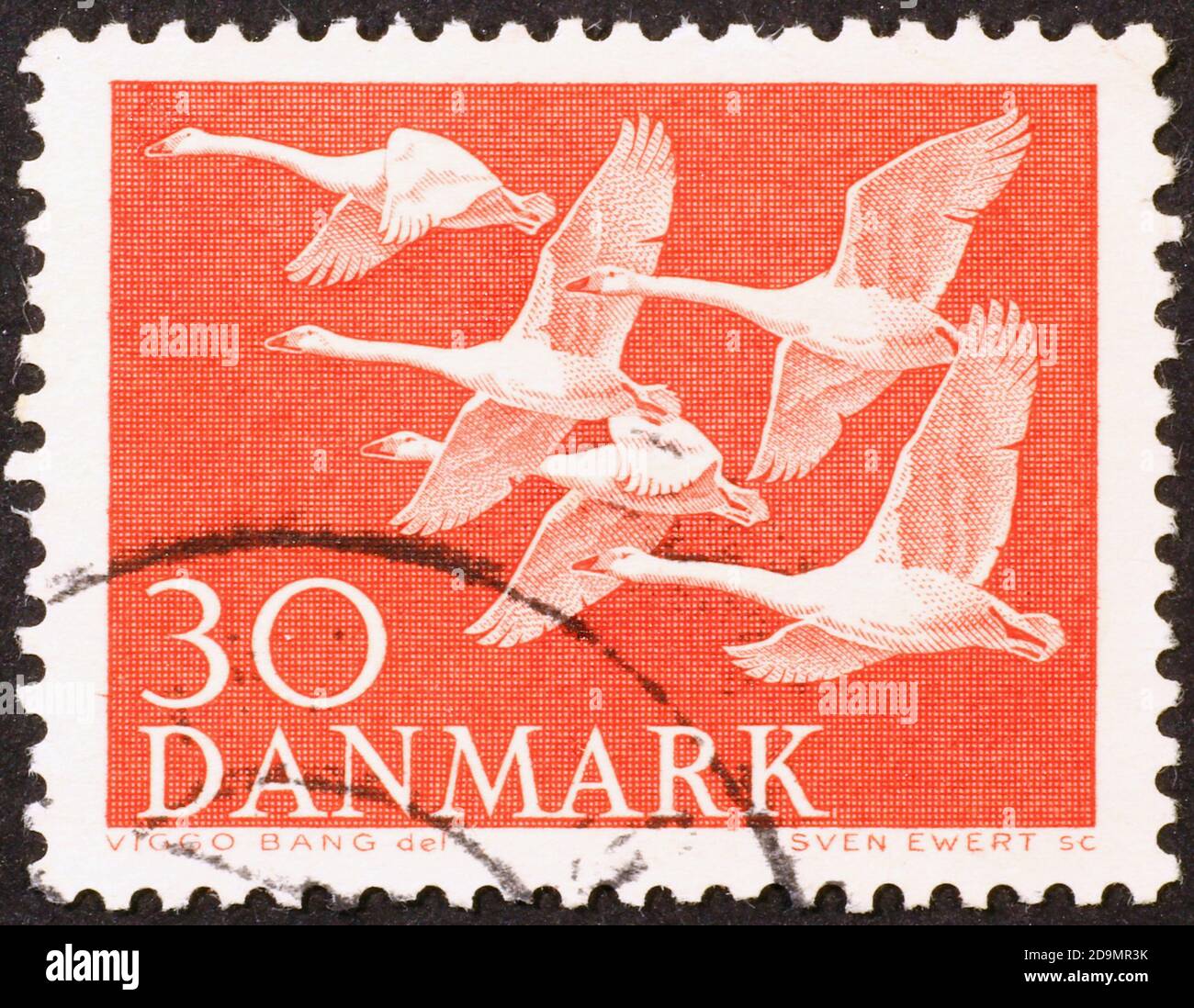 Flying swans on a danish vintage stamp Stock Photo - Alamy