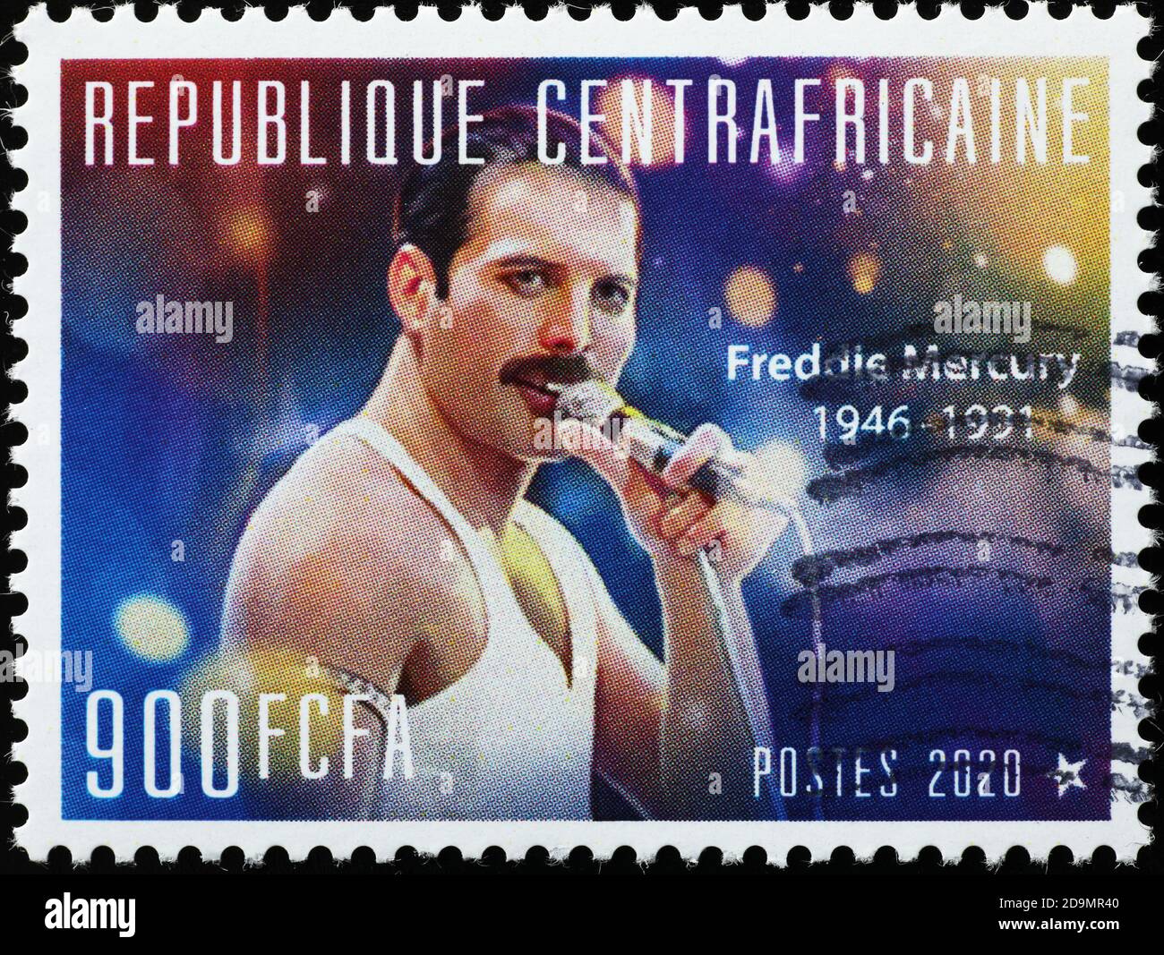 Freddie Mercury during a concert on stamp Stock Photo - Alamy