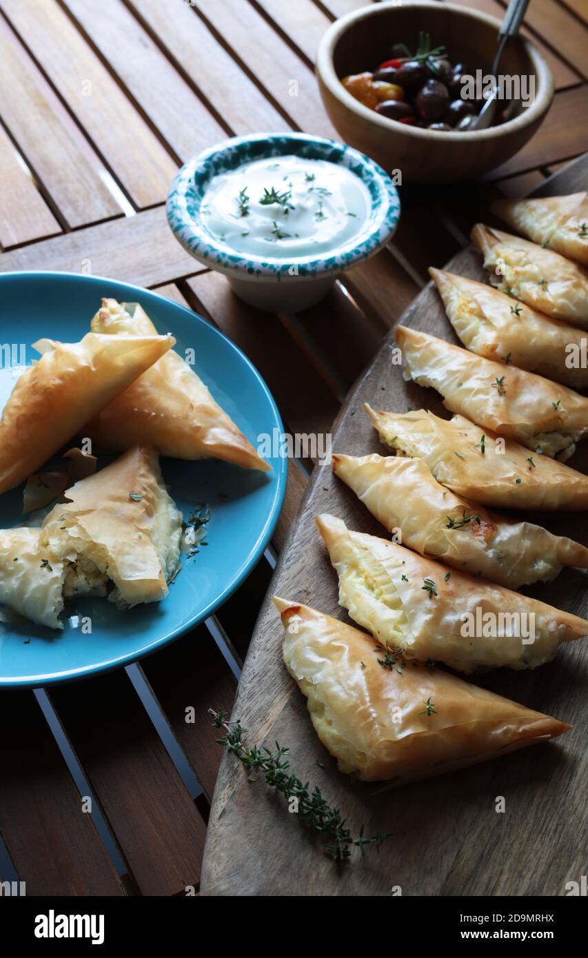 Greek cuisine. Tiropita, homemade greek pie with feta cheese and phyllo ...