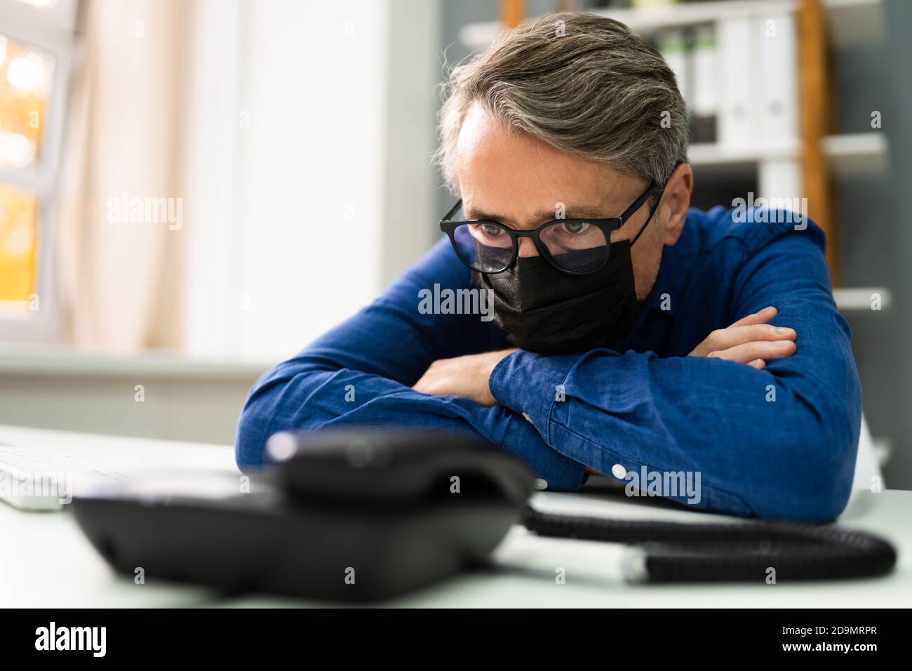 Waiting Landline Telephone Call On Corporate Office Phone Stock Photo ...
