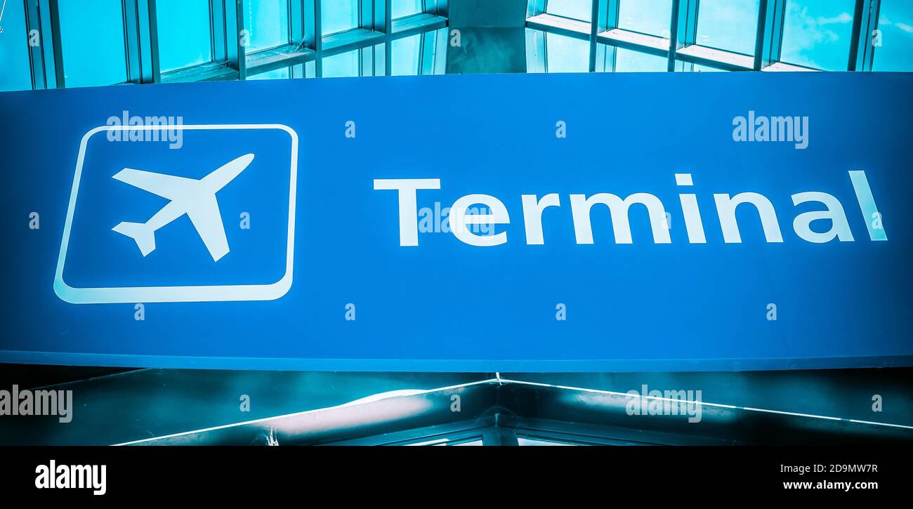 Informational sign showing terminal at international airport Stock ...
