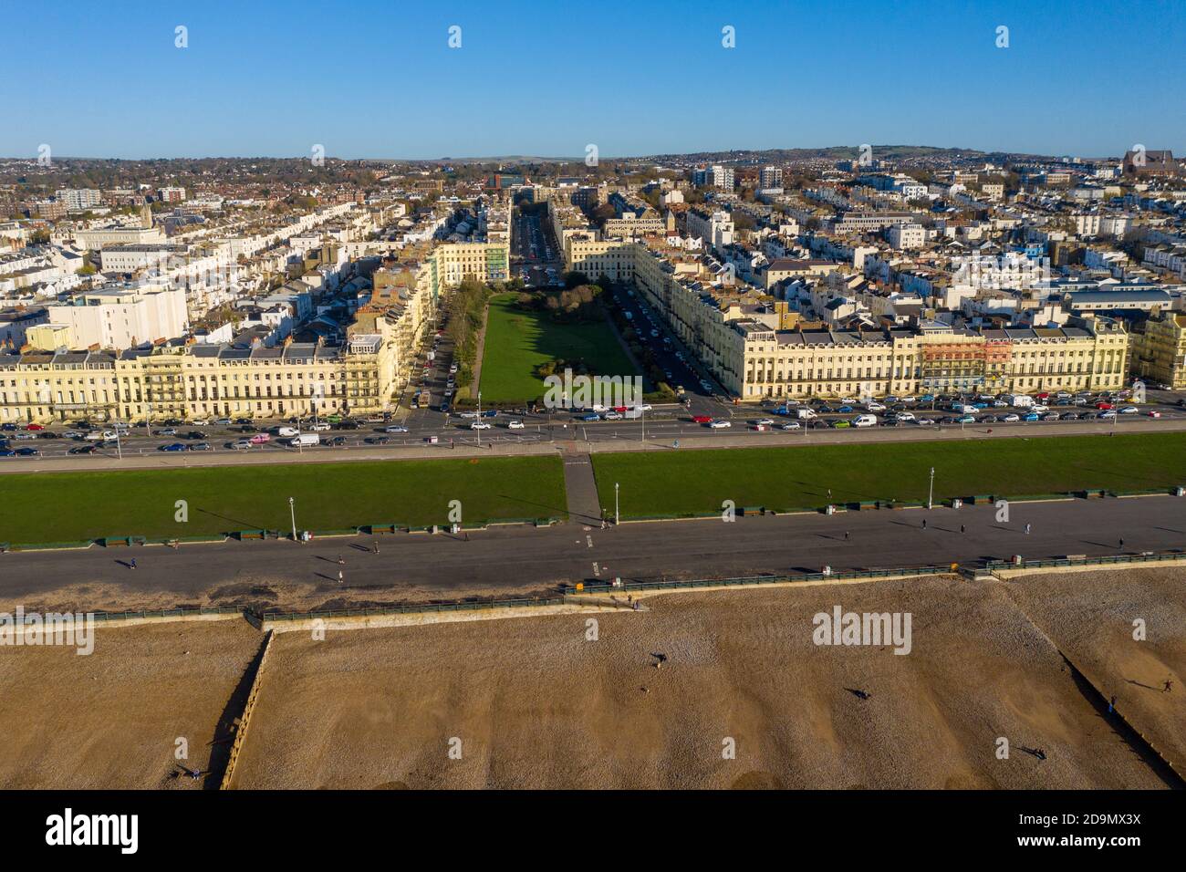 Aerial view of Brighton and Hove seafront showing the elegant houses ...
