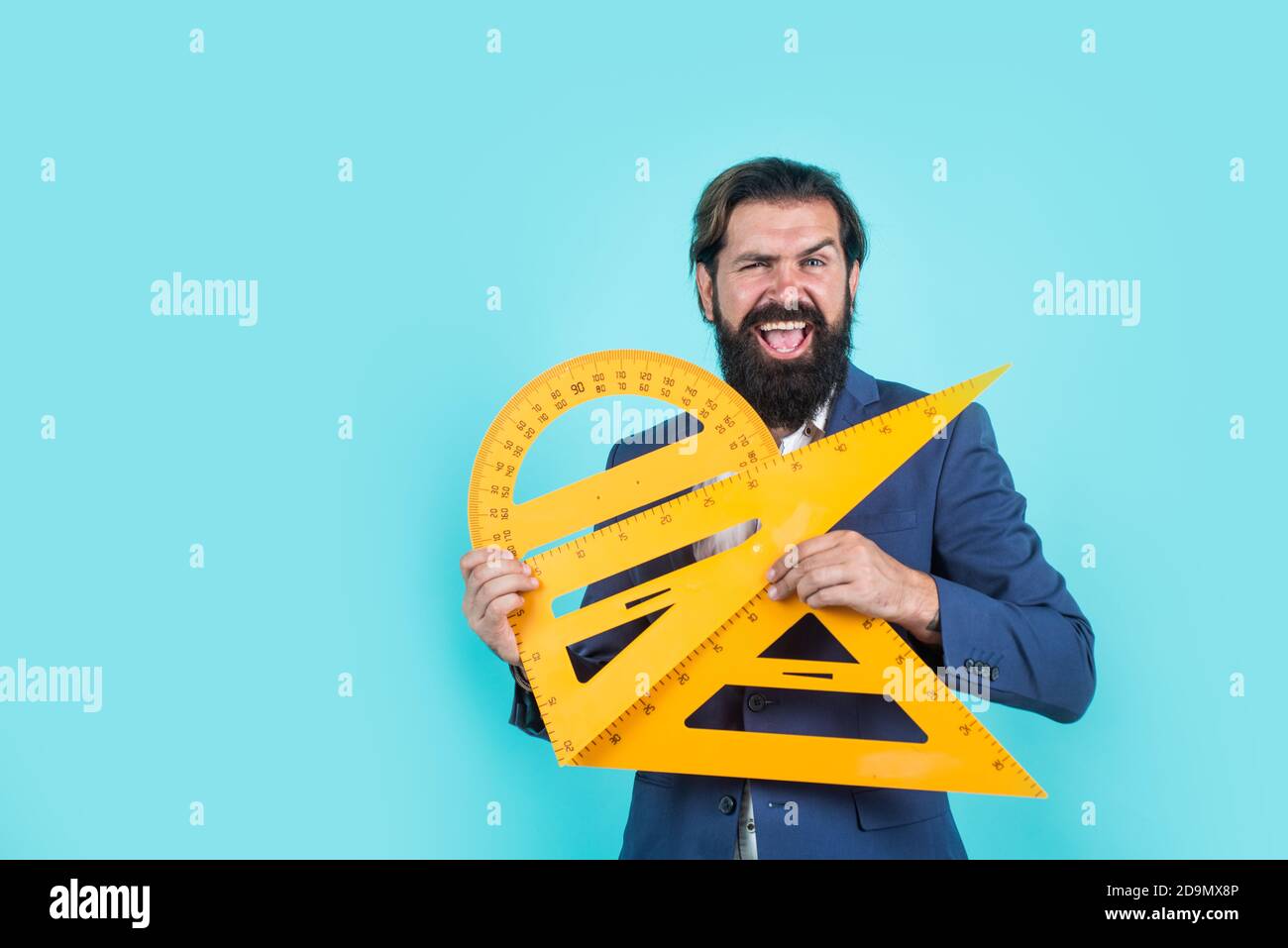 happy math man teacher use protractor and triangle tool, school formal ...