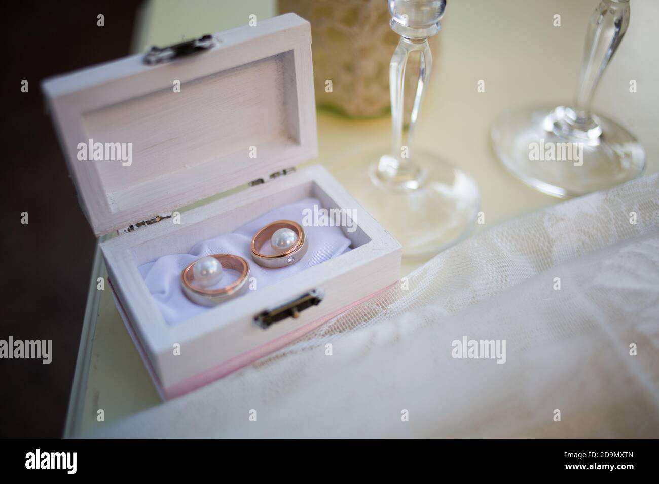 Selective focus shot of wedding rings in a box Stock Photo - Alamy