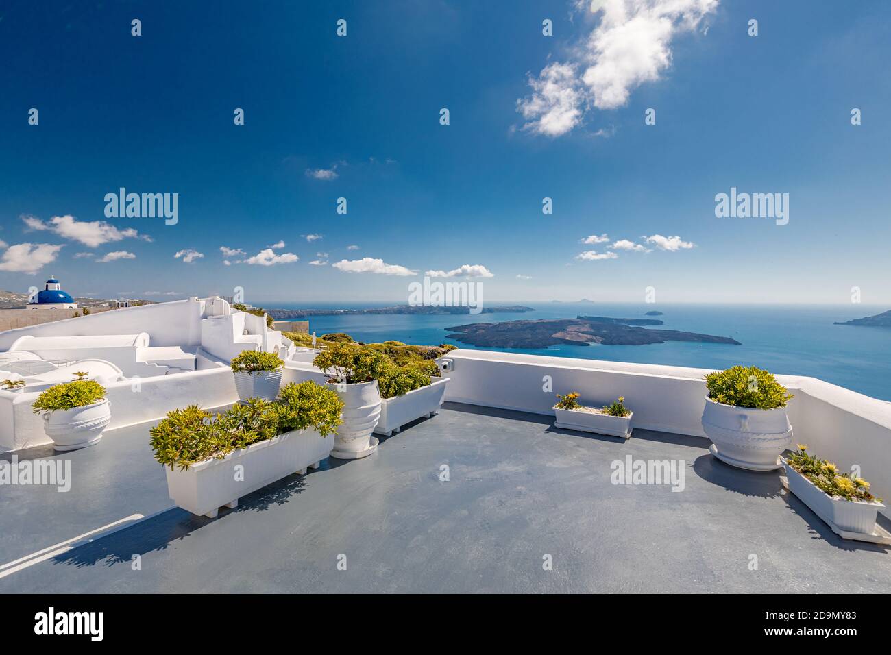 Amazing scenery, terrace with sea view. White architecture on Santorini ...