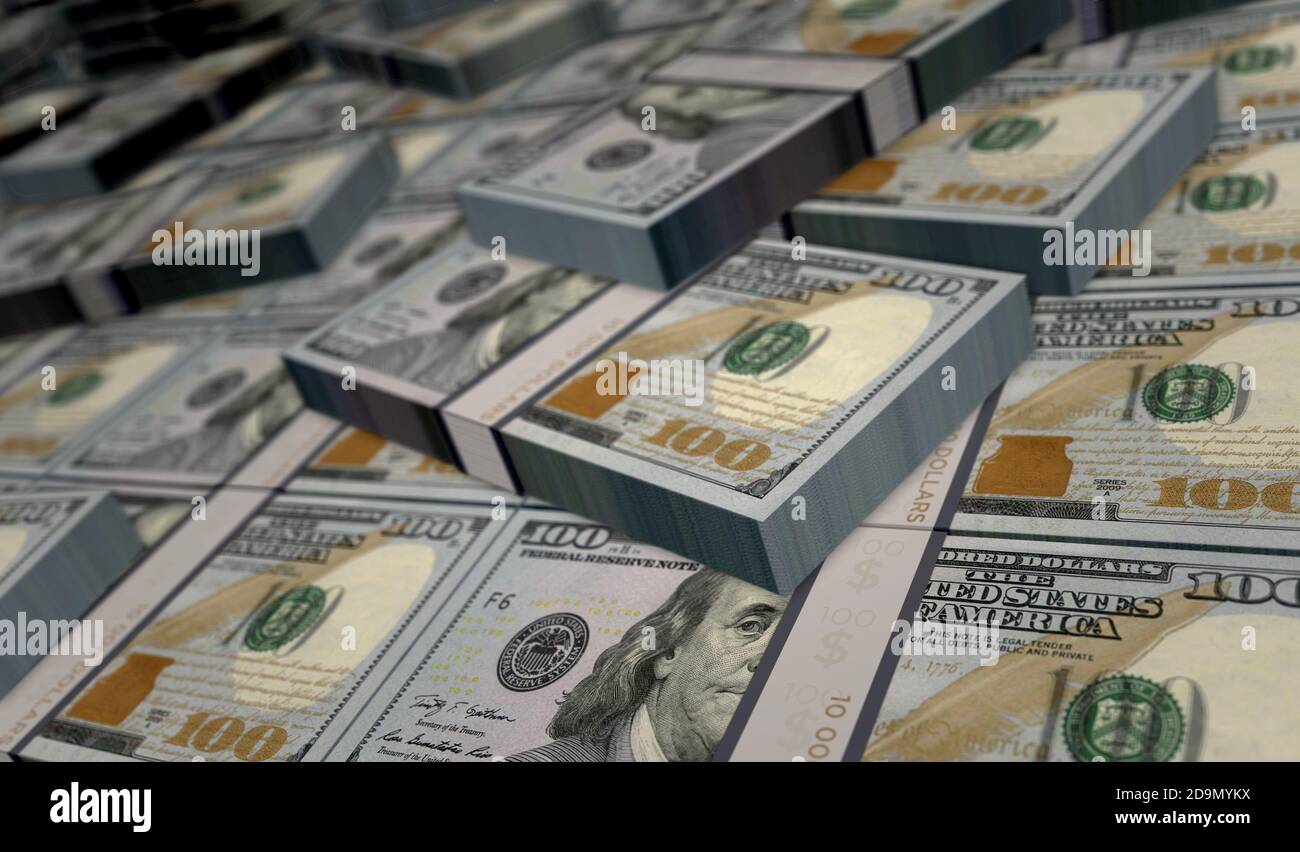Dollar money pack 3d illustration. 100 USD banknote bundle stacks ...
