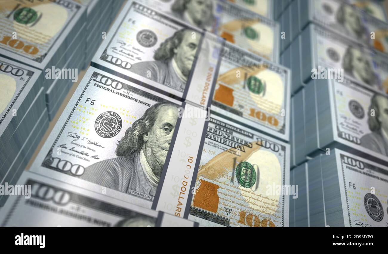Dollar money pack 3d illustration. 100 USD banknote bundle stacks ...