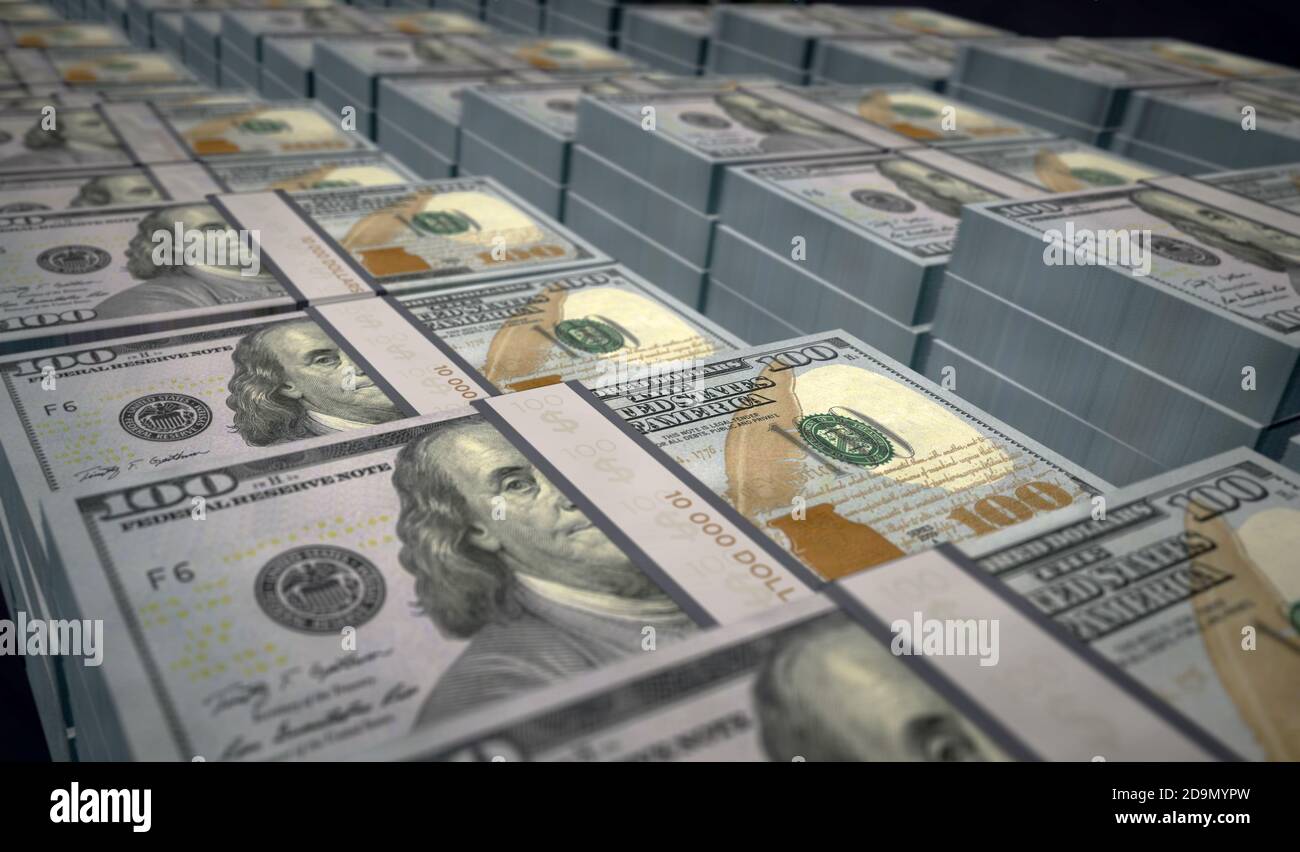 Dollar money pack 3d illustration. 100 USD banknote bundle stacks ...